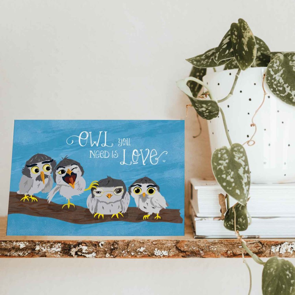 Postkarte "Owl you need is love", Pinipas Abenteuer Motiv
